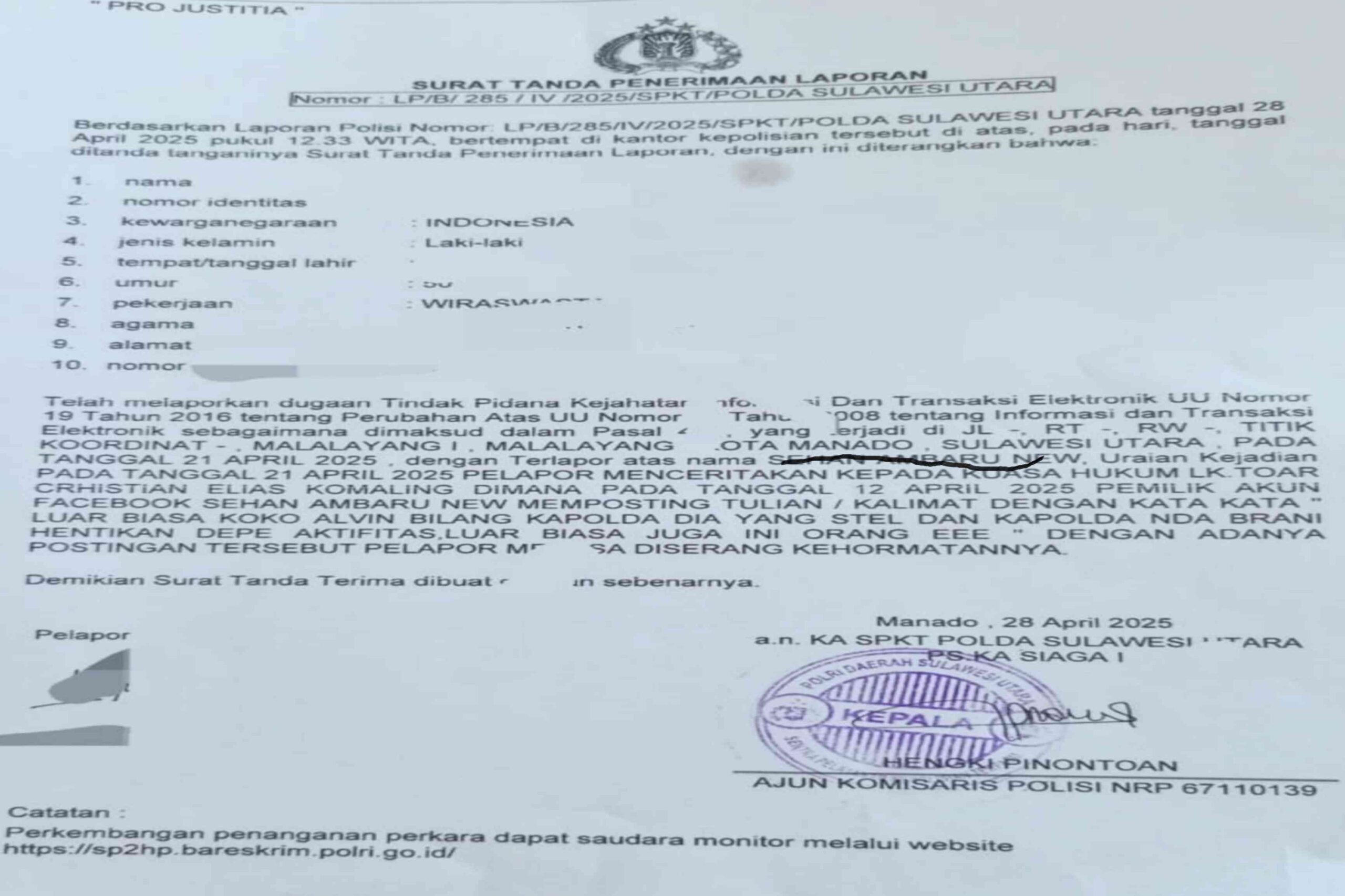 Ko Alvin Laporkan Akun FB SA ke Polda Sulawesi Utara atas Dugaan ...